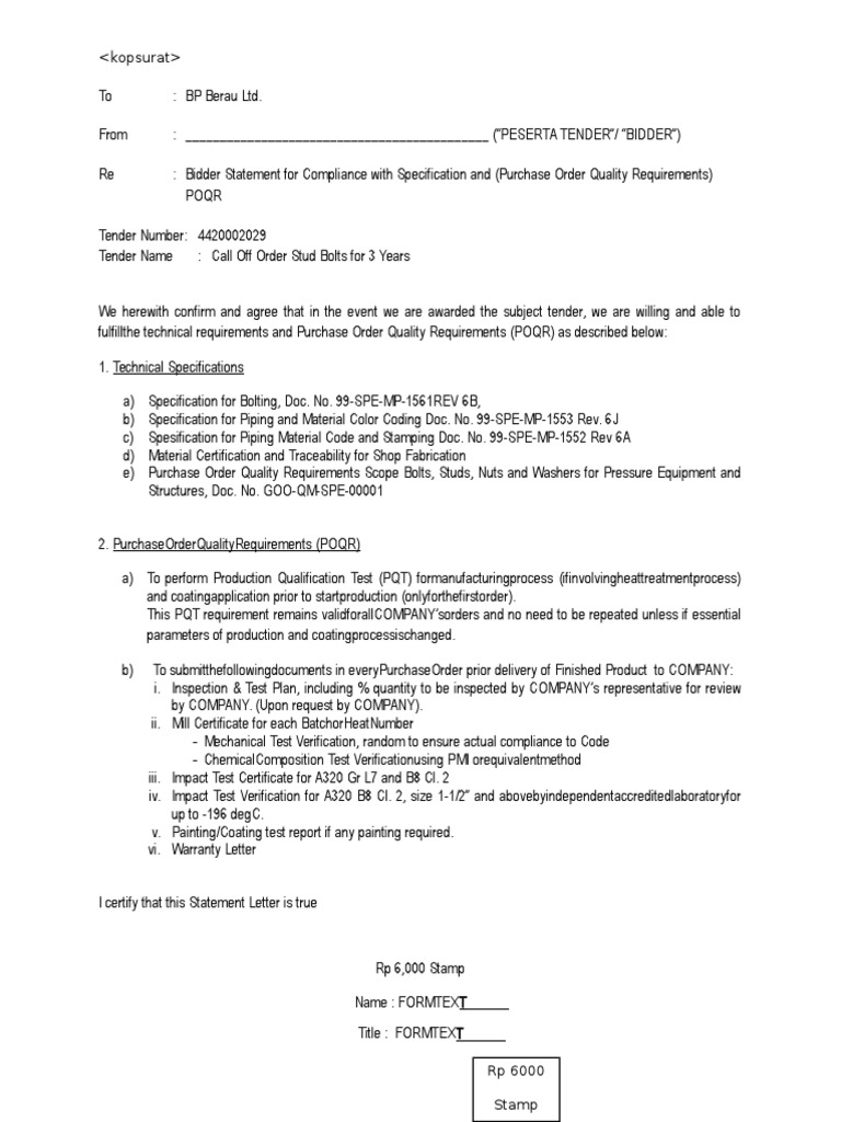 Bidder Statement Compliance With Specification | Specification ...
