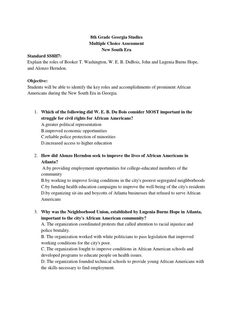 8th Grade Georgia Studies Multiple Choice Assessment New South Era ...