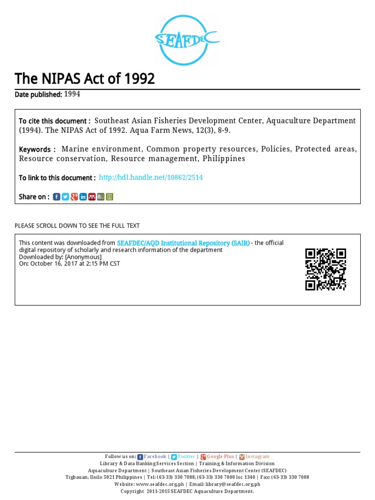 The NIPAS Act of 1992: Date Published | PDF | Protected Area | Biodiversity