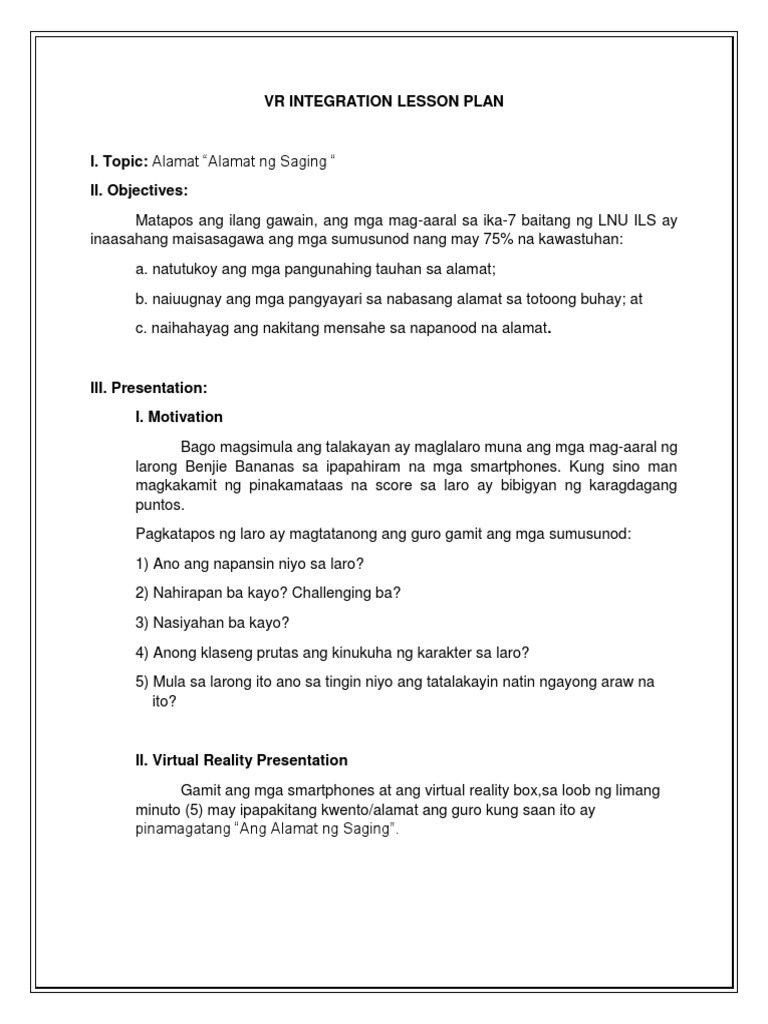 VR Integration Lesson Plan | PDF