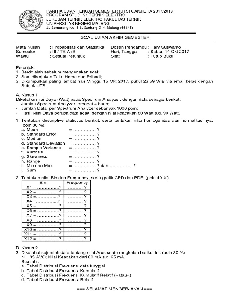 Soal UTS Statistik S1 TE - Okt 2017 | PDF