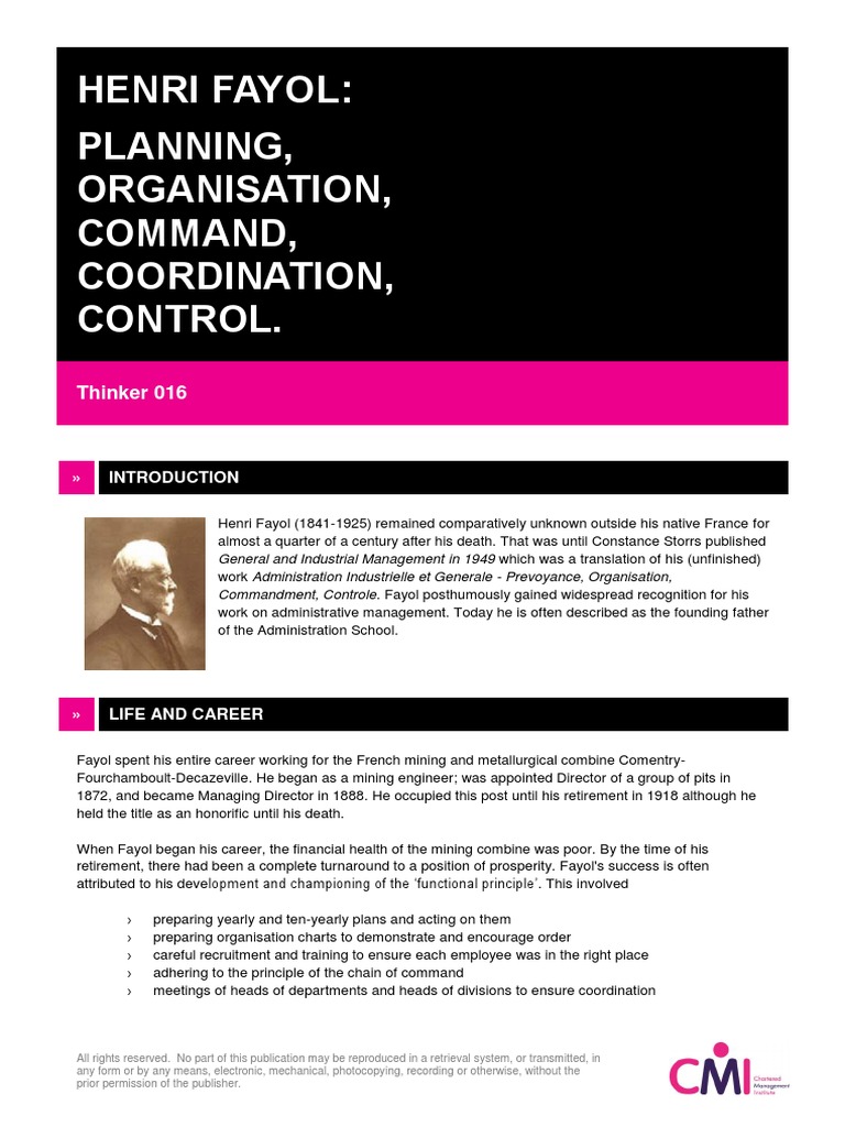 Henri Fayol Command Control Coordinate Plan Organize