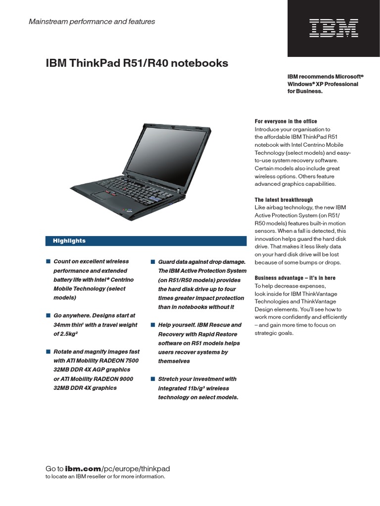 Ibm Thinkpad R51/R40 Notebooks: Mainstream Performance and Features ...