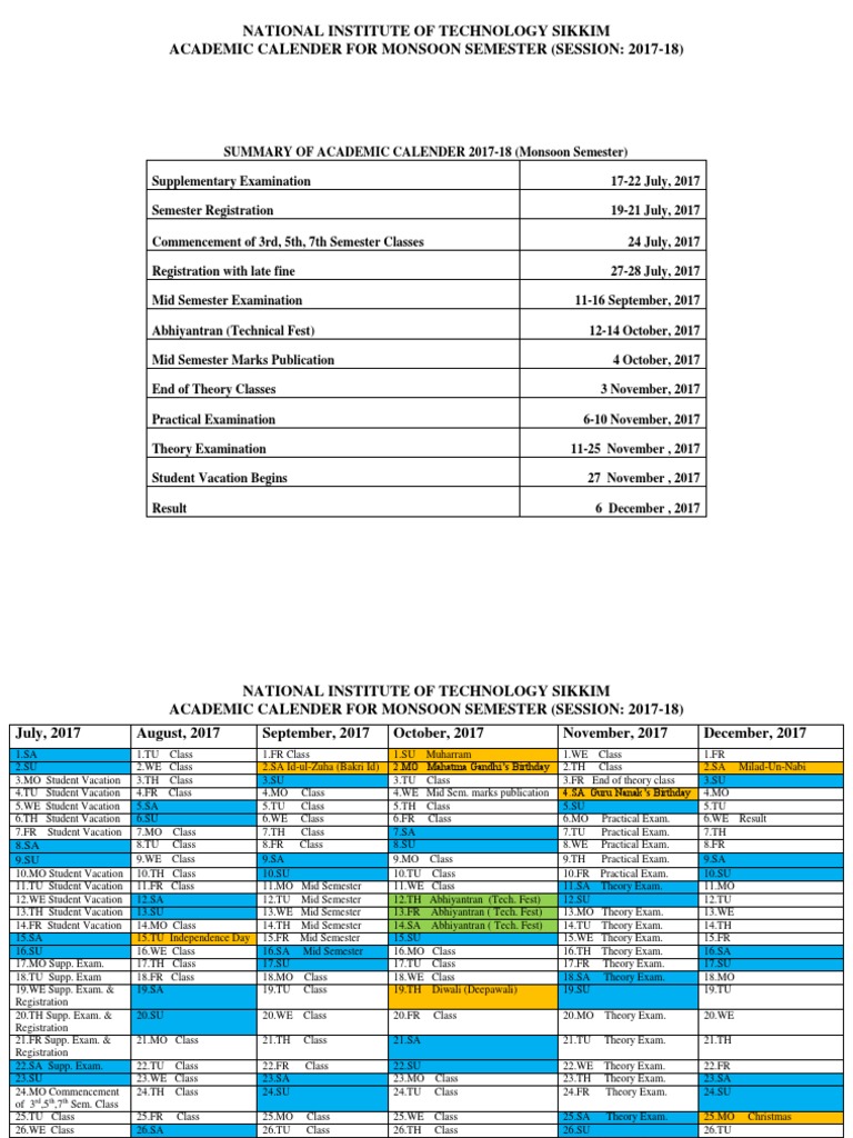 National Institute of Technology Sikkim Academic Calender For Monsoon ...