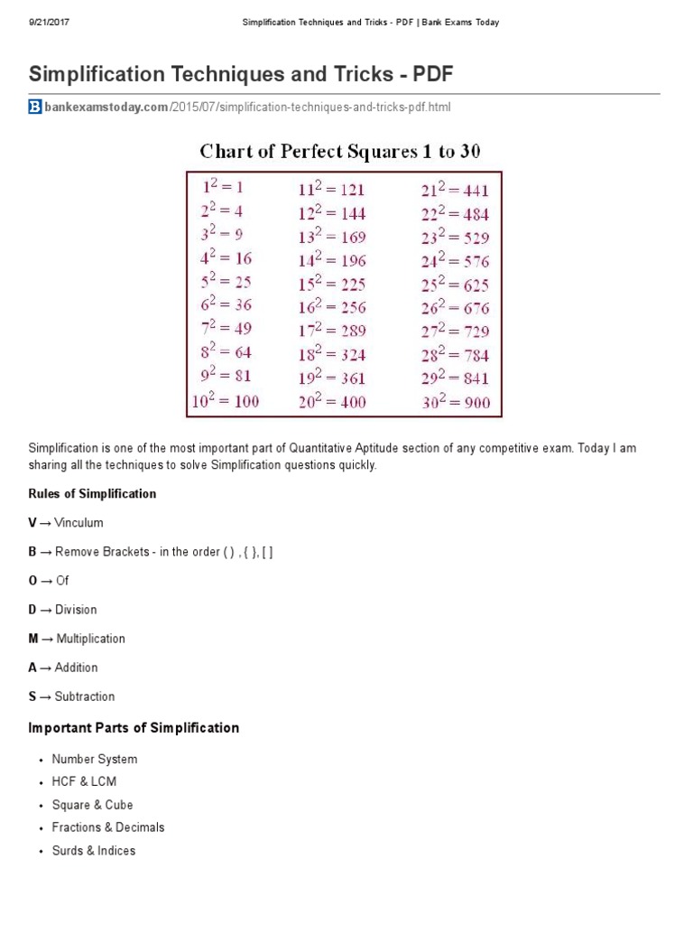 Simplification Techniques and Tricks - PDF - Bank Exams Today | PDF ...