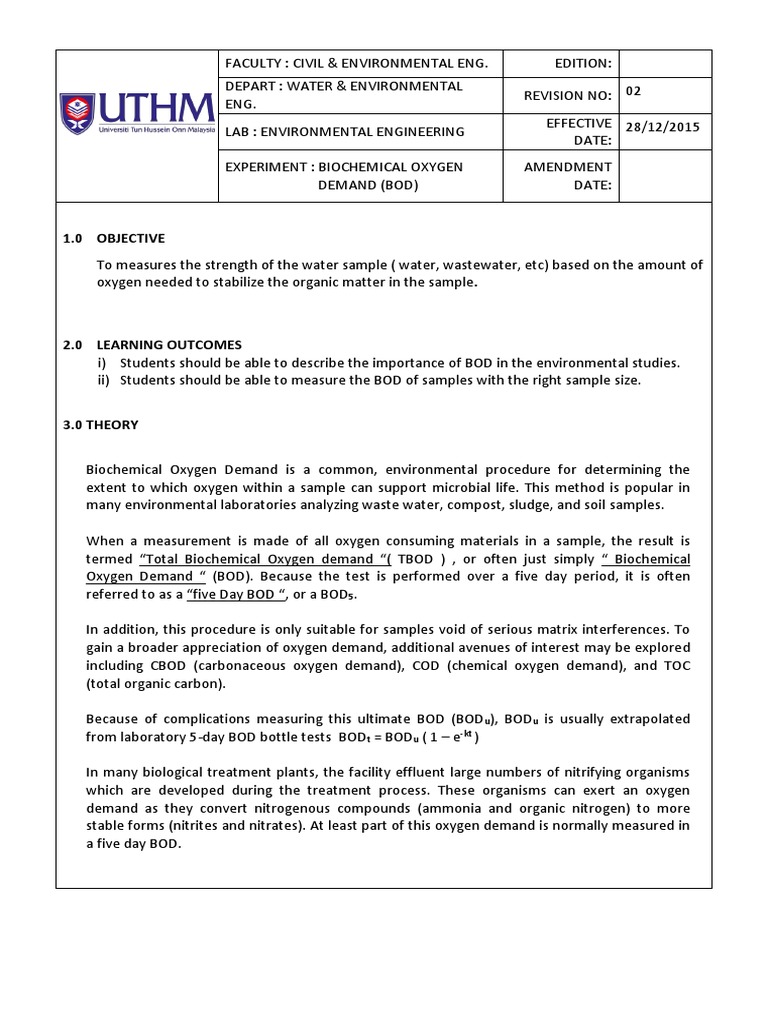 Lab Sheet BOD | PDF | Ph | Chemical Compounds