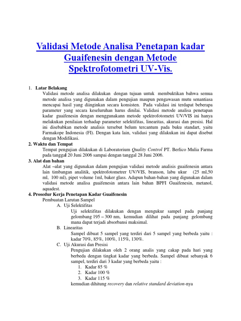 Validasi Metode Analisa Penetapan Kadar Guaifenesin Dengan Metode ...