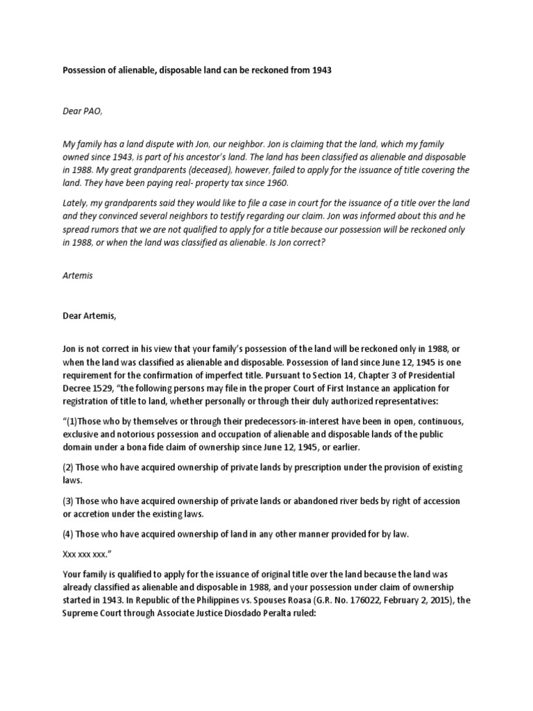 Possession of Alienable, Disposable Land Can Be Reckoned From 1943 ...