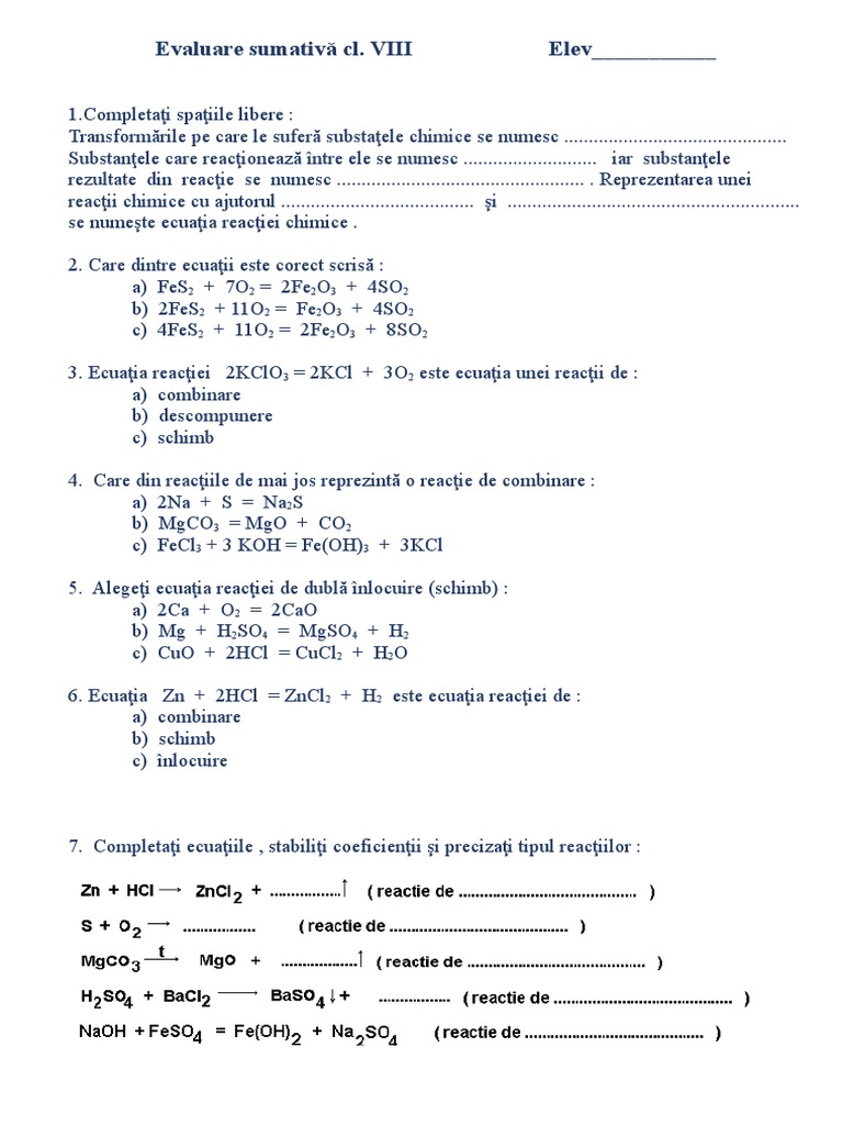 Reactii Chimice CL VIII | PDF