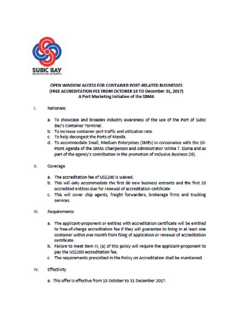 SBMA Waiver For Port Accreditation Fee | PDF