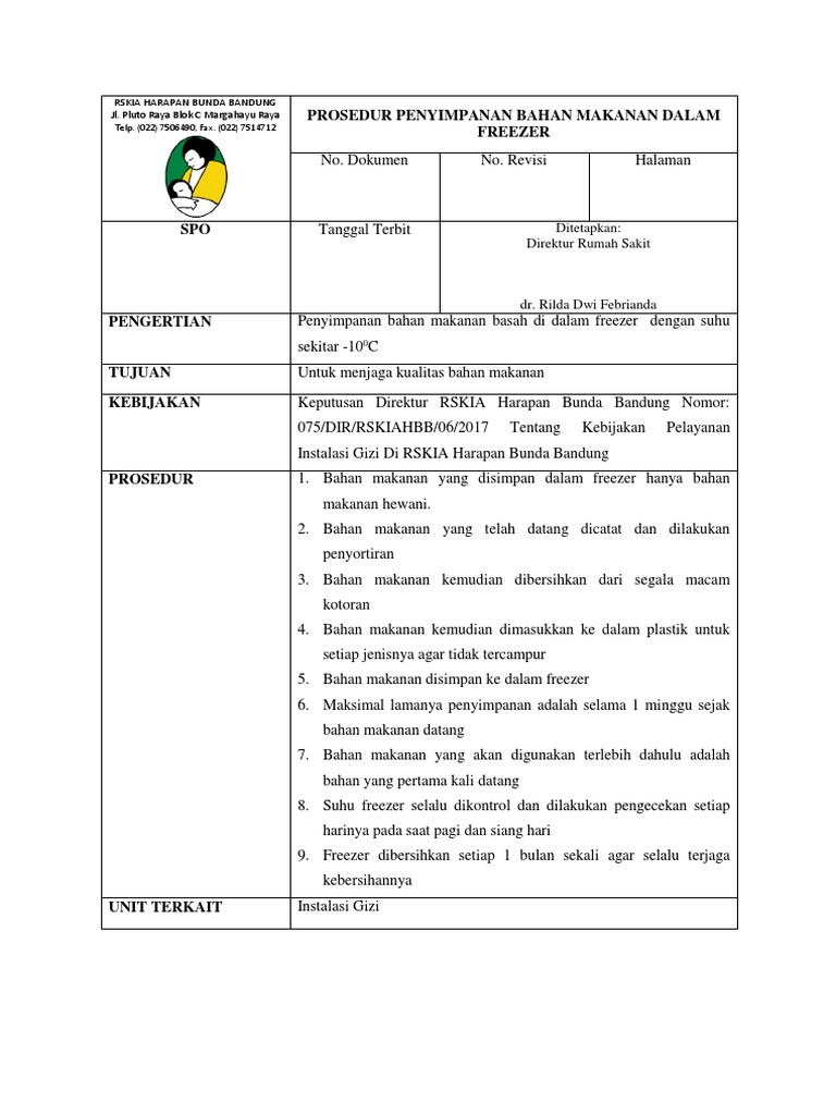 SOP Penyimpanan Bahan Makanan Dalam Freezer | PDF