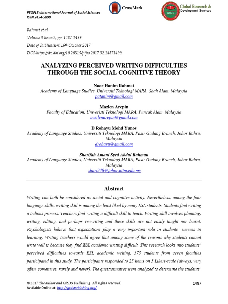 Analyzing Perceived Writing Difficulties Through The Social Cognitive ...
