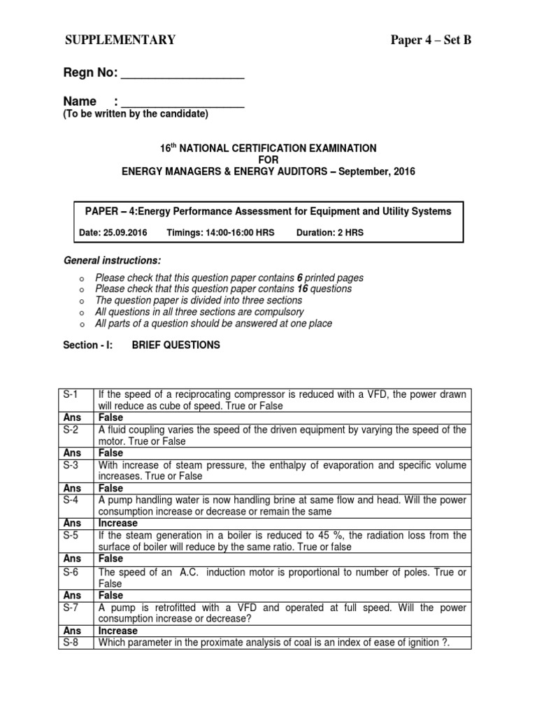 Supplementary Paper 4 - Set B Regn No: - Name | PDF | Boiler | Steam