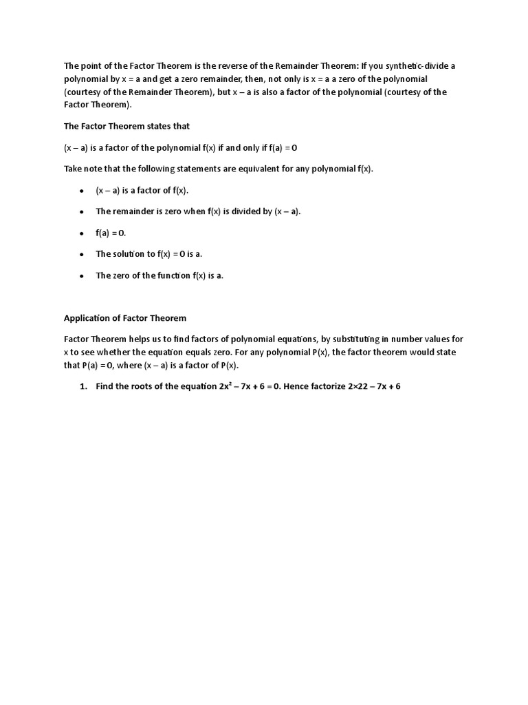 The Factor Theorem States That | PDF