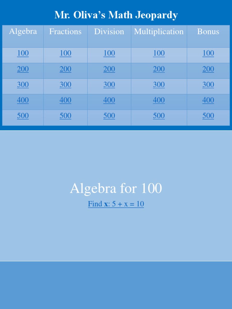 Jeopardy Game Edu 214 | PDF | Fraction (Mathematics) | Algebra