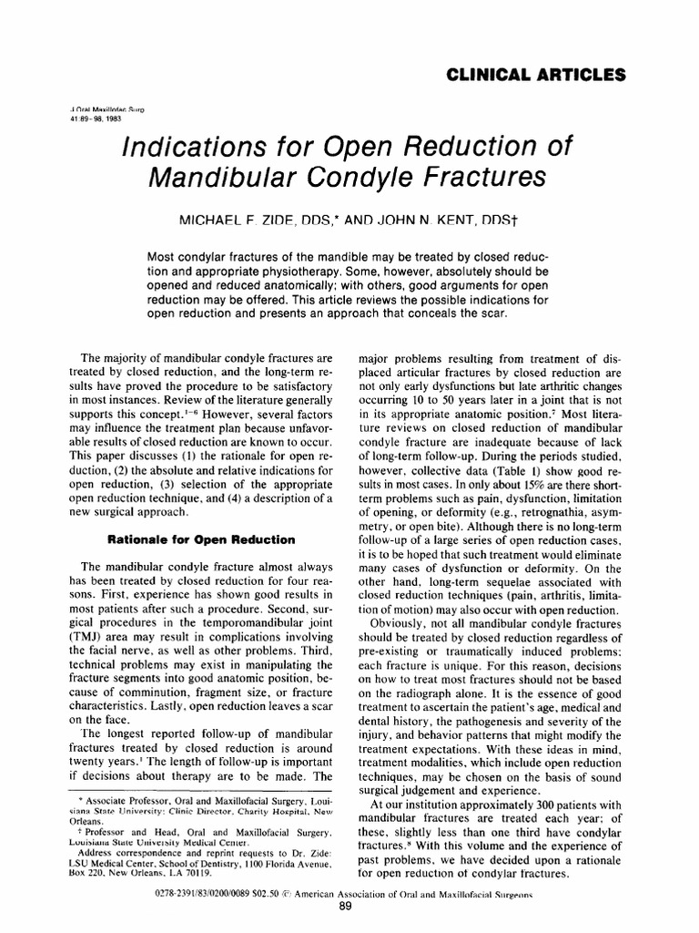 Indication For Open Reduction of Condylar Fractures Zide and Kent | PDF ...