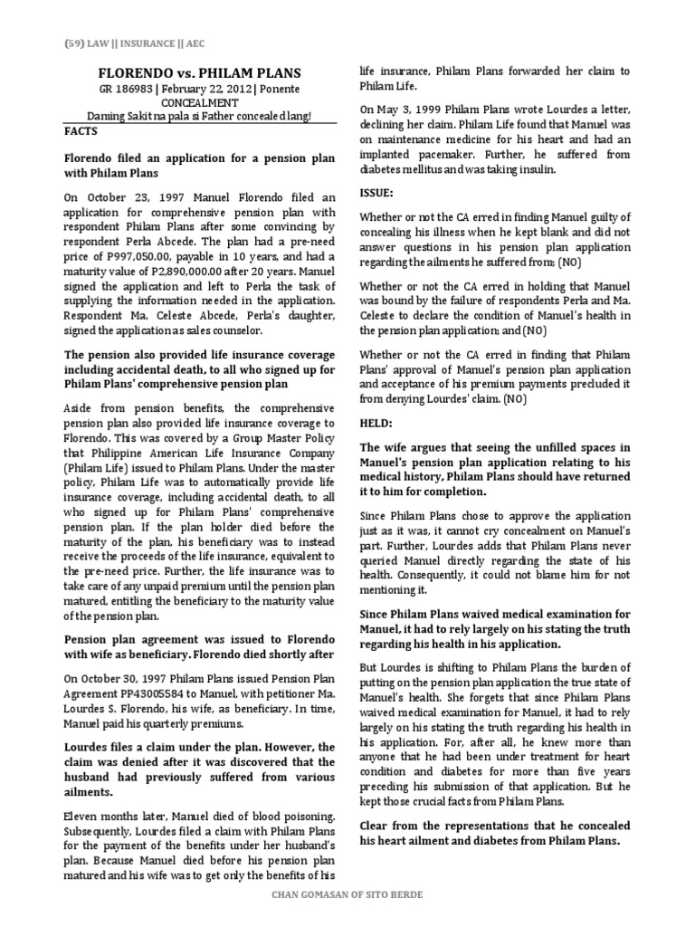 59 Florendo vs. Philam Plans | PDF | Life Insurance | Insurance