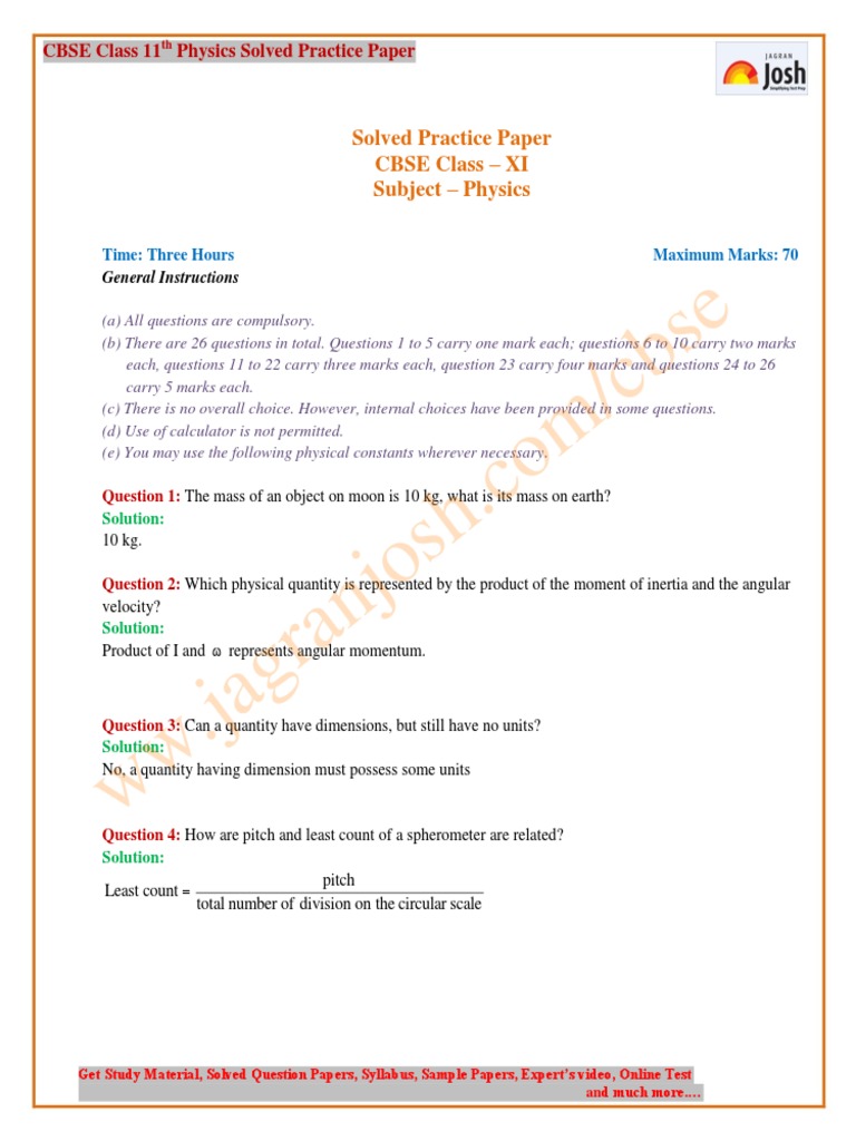 CBSE CBSE Class 11 Physics Solved Sample Paper 2017 | PDF | Elasticity ...