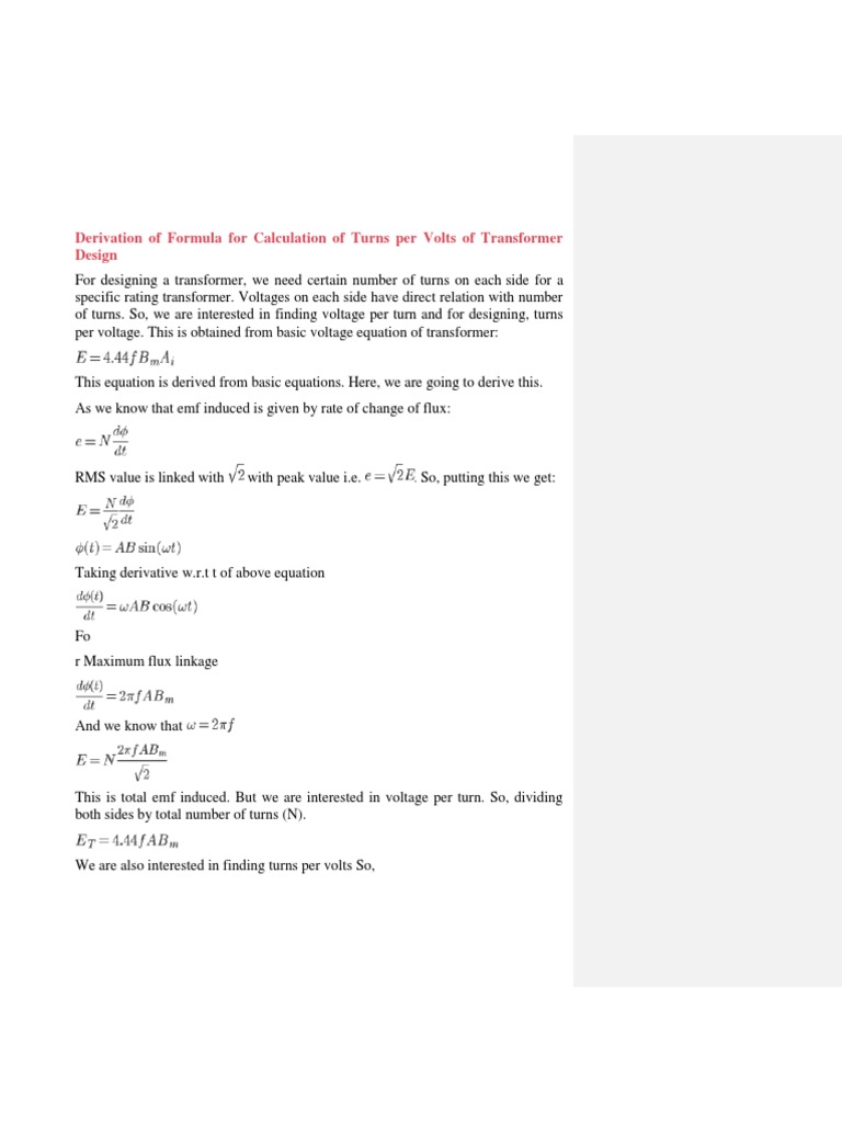 Derivation of Formula For Calculation of Turns Per Volts of Transformer ...