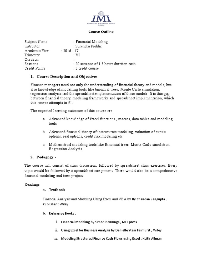Financial Modeling Course Outline - 16-17 | PDF | Financial Modeling ...