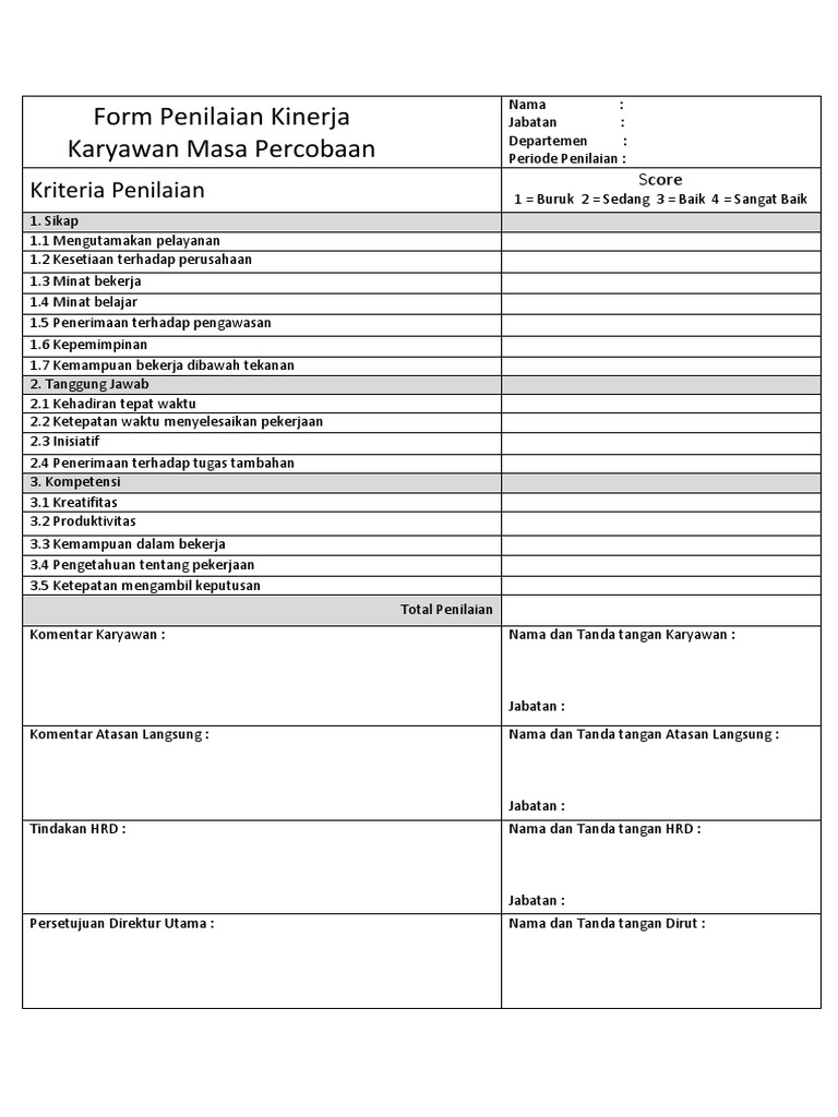 Form Penilaian Karyawan Masa Percobaan