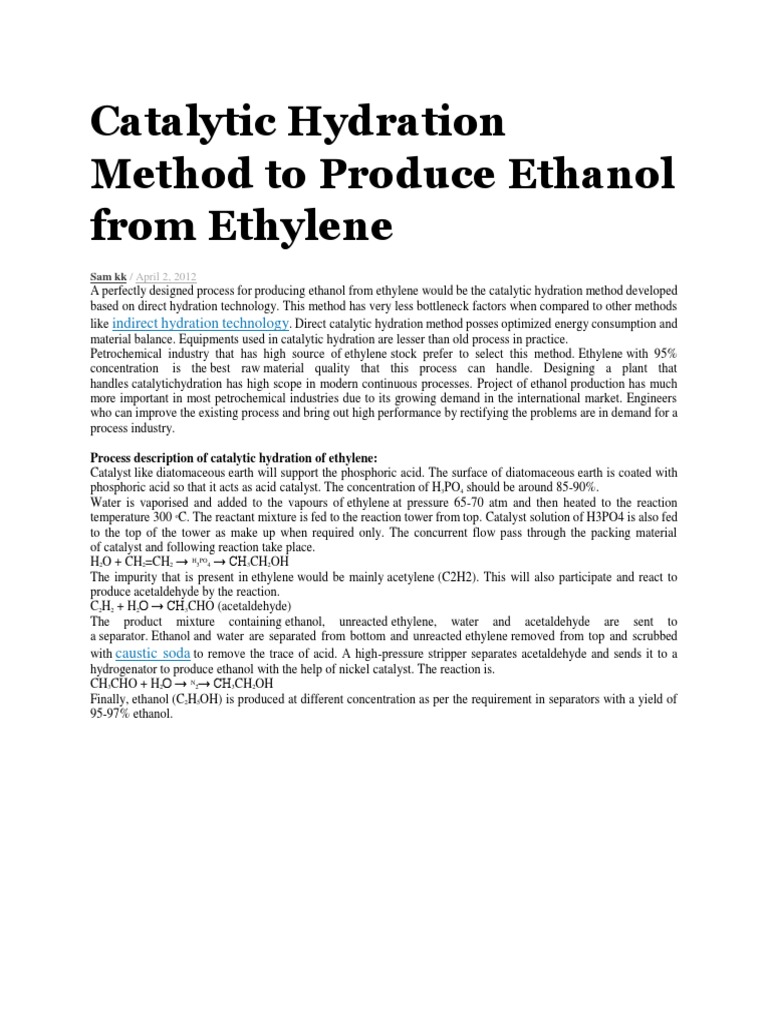 Catalytic Hydration Method To Produce Ethanol From Ethylene | PDF ...
