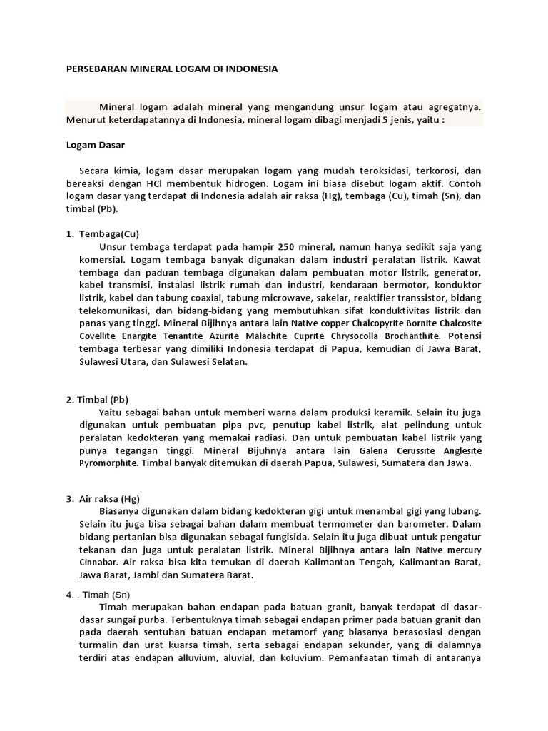 Persebaran Mineral Logam Di Indonesia Pdf Teknologi Rekayasa