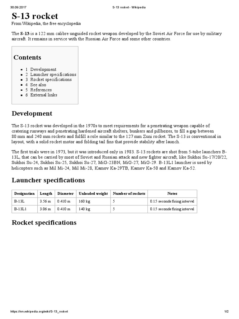 S-13 Rocket - Wikipedia | PDF | Military Technology | Military Equipment