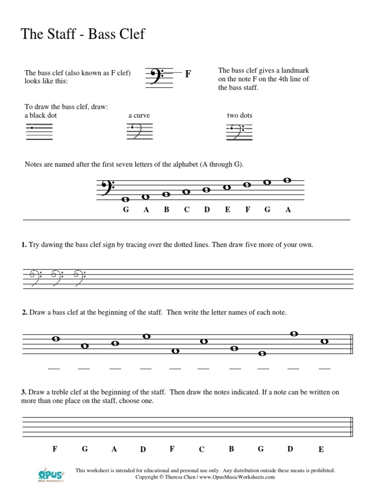 Music Theory Worksheet 4 Bass Clef PDF | PDF