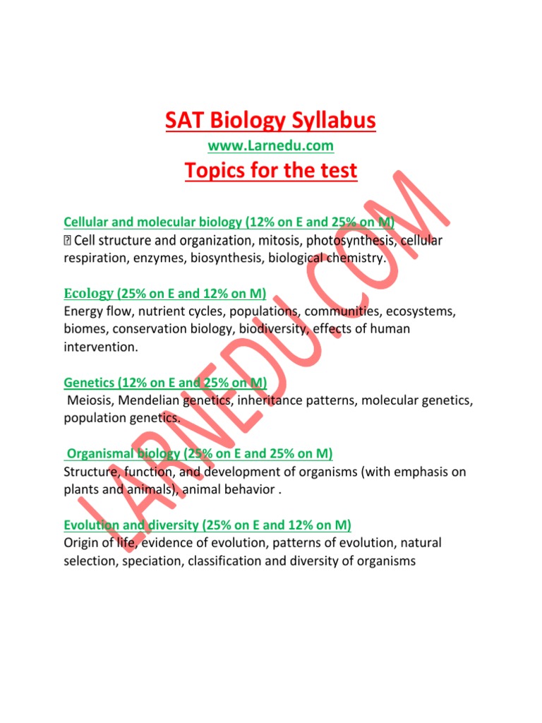 SAT Biology Test Topics and Syllabus | PDF