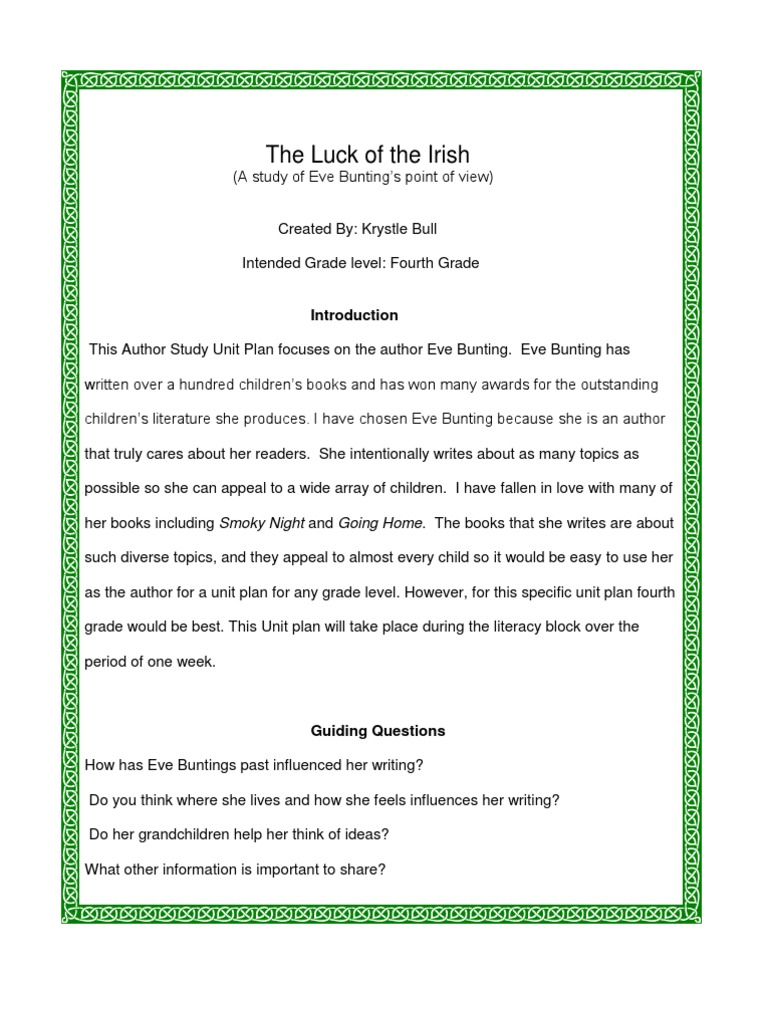 Eve Bunting Author Study Unit Plan | PDF | Lesson Plan | Teachers