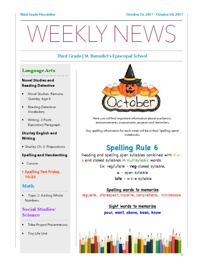 Weekly Newsletter-Oct 16 Oct 20 | PDF | Homework | Semiotics