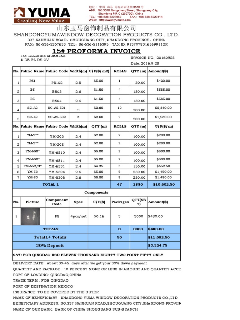 Shandong Yuma Window Decor Proforma Invoice | PDF | Leisure