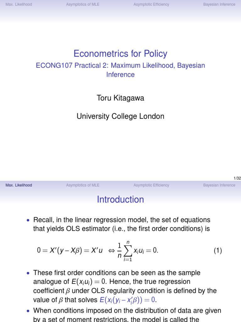 Econometrics For Policy: ECONG107 Practical 2: Maximum Likelihood, Bayesian Inference | Download ...