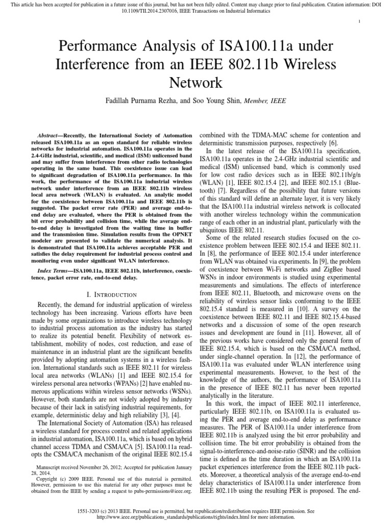 Performance Analysis of ISA100.11a Under Interference From An IEEE 802.11b Wireless Network ...