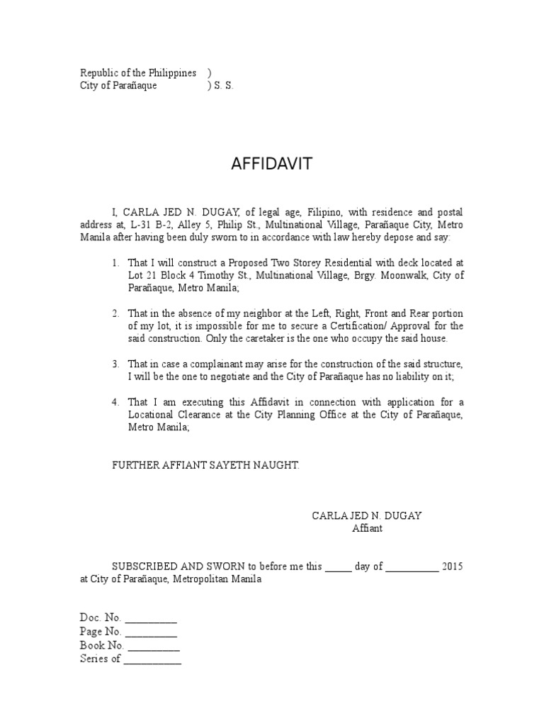 Affidavit for Construction of a Two Storey Residential Home in the ...