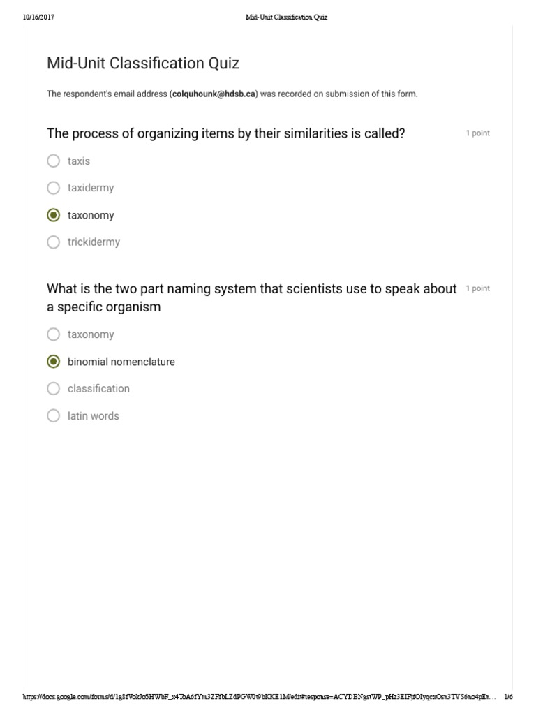 Corrected Mid-Unit Classification Quiz - Google Forms | PDF ...