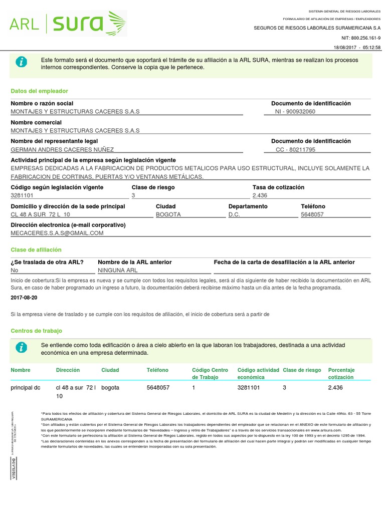 Formulario Afiliacion Arl Sura | PDF | Derecho laboral | Seguro