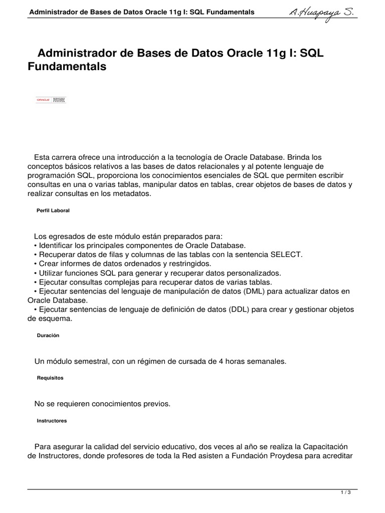 DBA Oracle 11g SQL Fundamentals | PDF | Base de datos Oracle | SQL