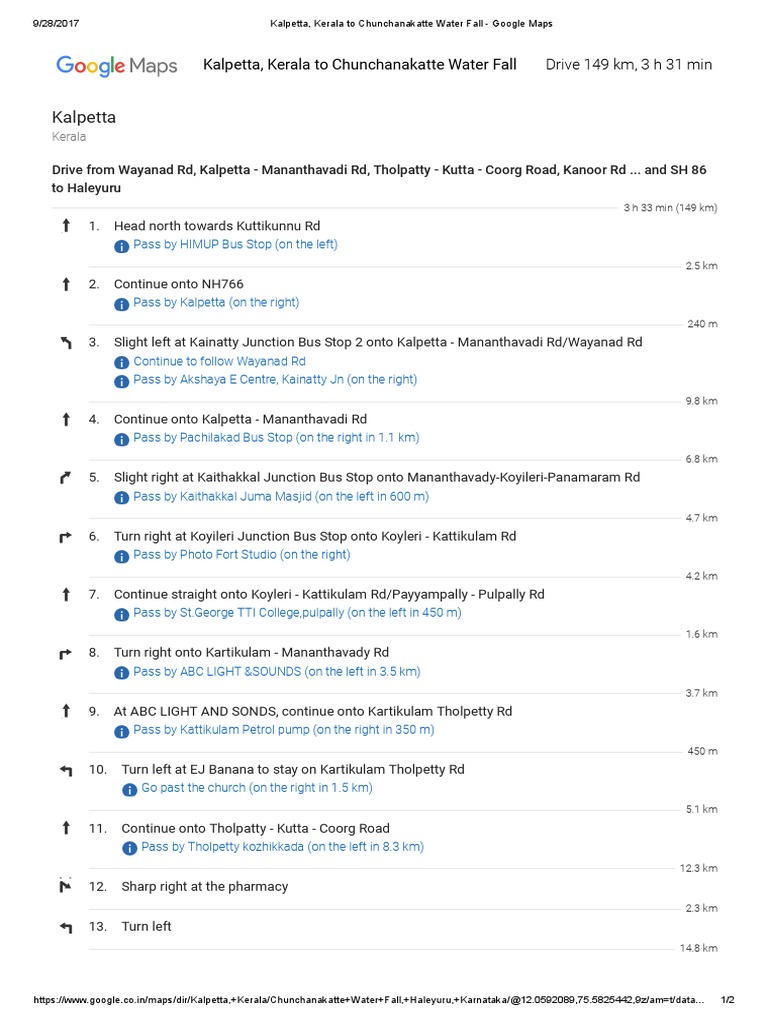 Kalpetta, Kerala To Chunchanakatte Water Fall - Google Maps | PDF ...