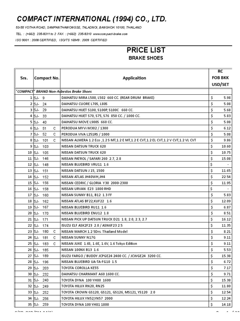 Price Lists Bangladesh Car Parts PDF Toyota Nissan