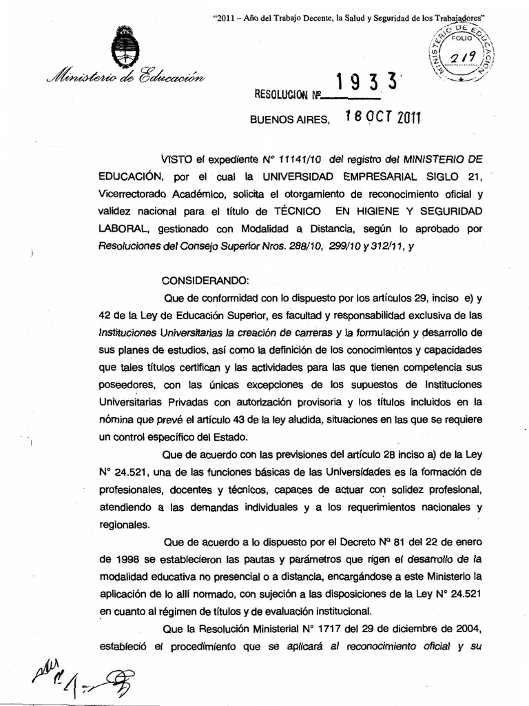 RM #1933-11 Téc. en Higiene y Seguridad Laboral | PDF