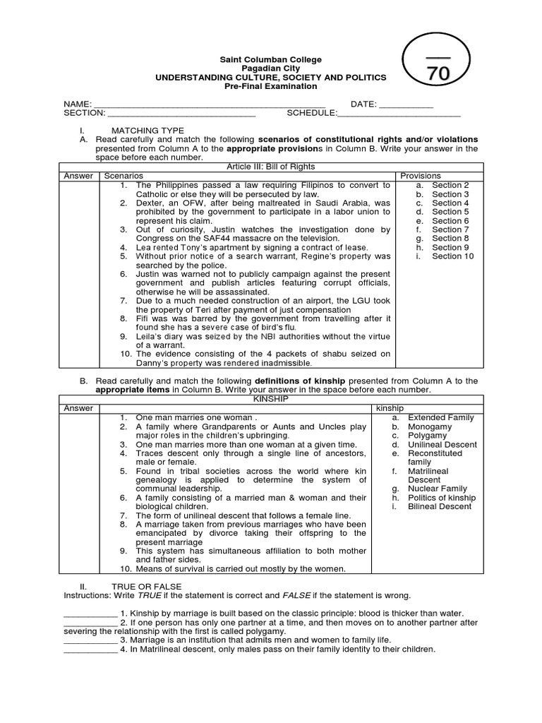 UCSP Pre-Final Examination | PDF | Kinship | Family