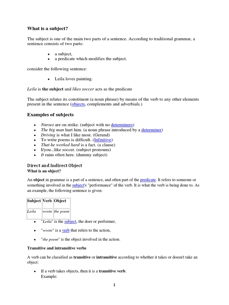 Direct and Indirect Object & What Is A Subject | PDF | Subject (Grammar ...