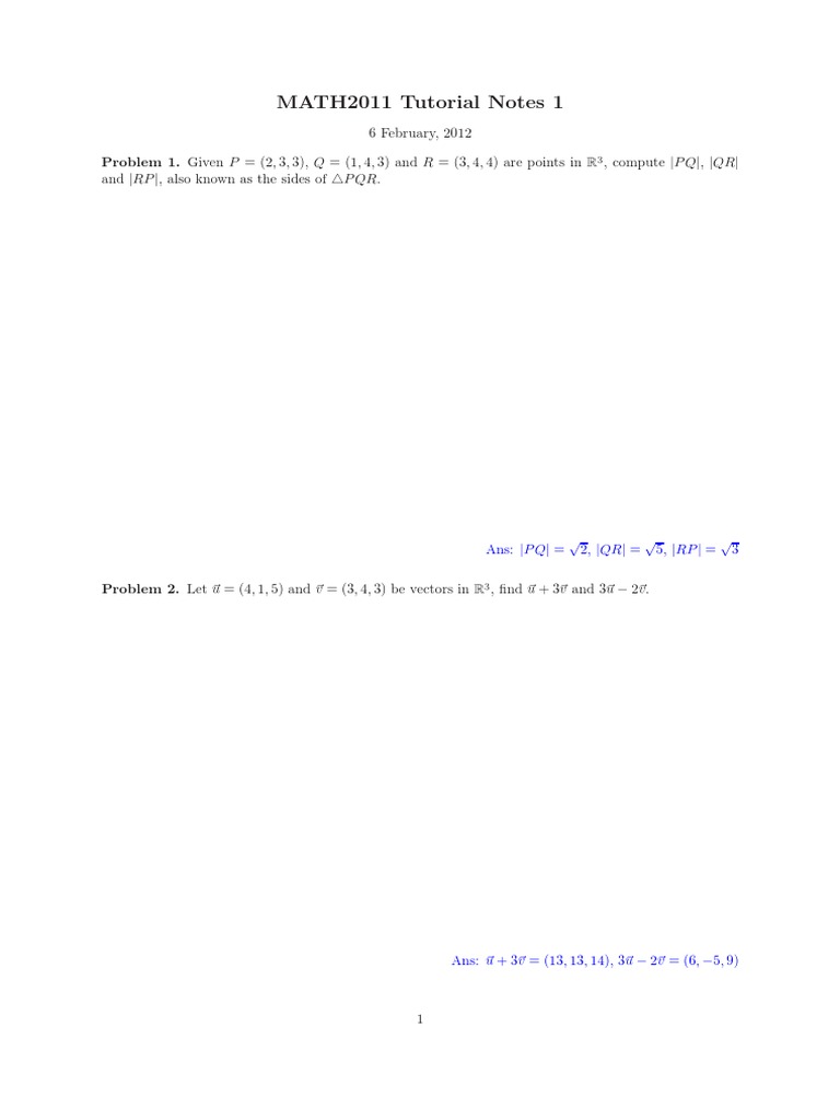 MATH2011 Tutorial Notes 1: Ans: - P Q - 2, - QR - 5, - RP - 3 | PDF