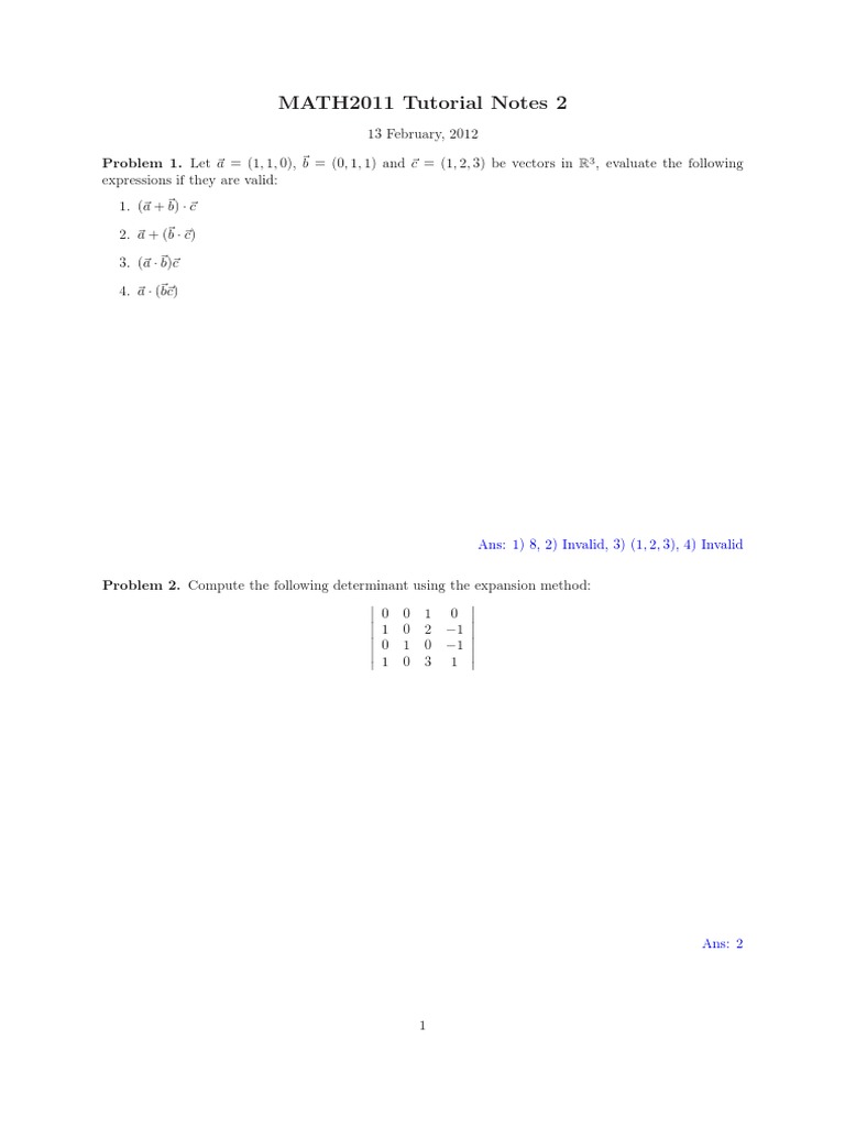 MATH2011 Tutorial Notes 2: Ans: 1) 8, 2) Invalid, 3) (1, 2, 3), 4 ...