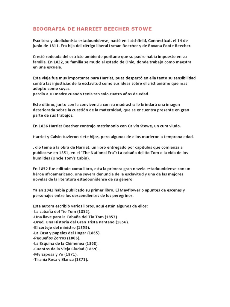 Biografia de Harriet Beecher Stowe | PDF | La cabaña del tío Tom | Harriet Beecher Stowe