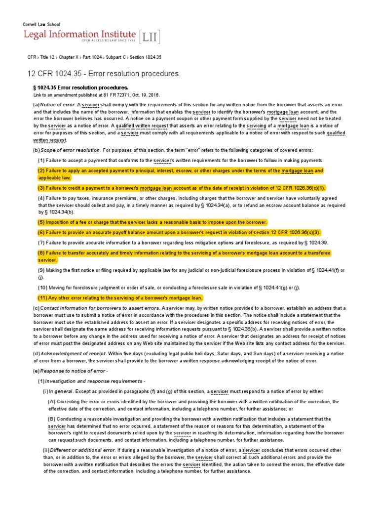 12 CFR 1024.35 - Error Resolution Procedures | Foreclosure | Loans