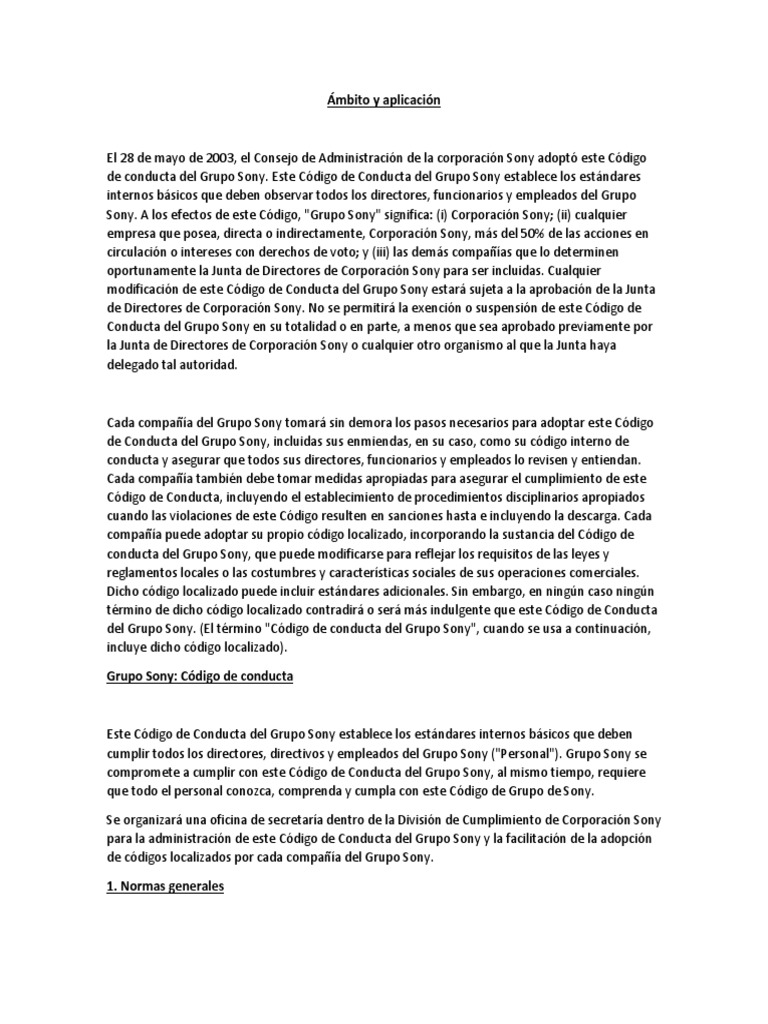 Código de Conducta del Grupo Sony | PDF | Corporaciones | Derecho laboral